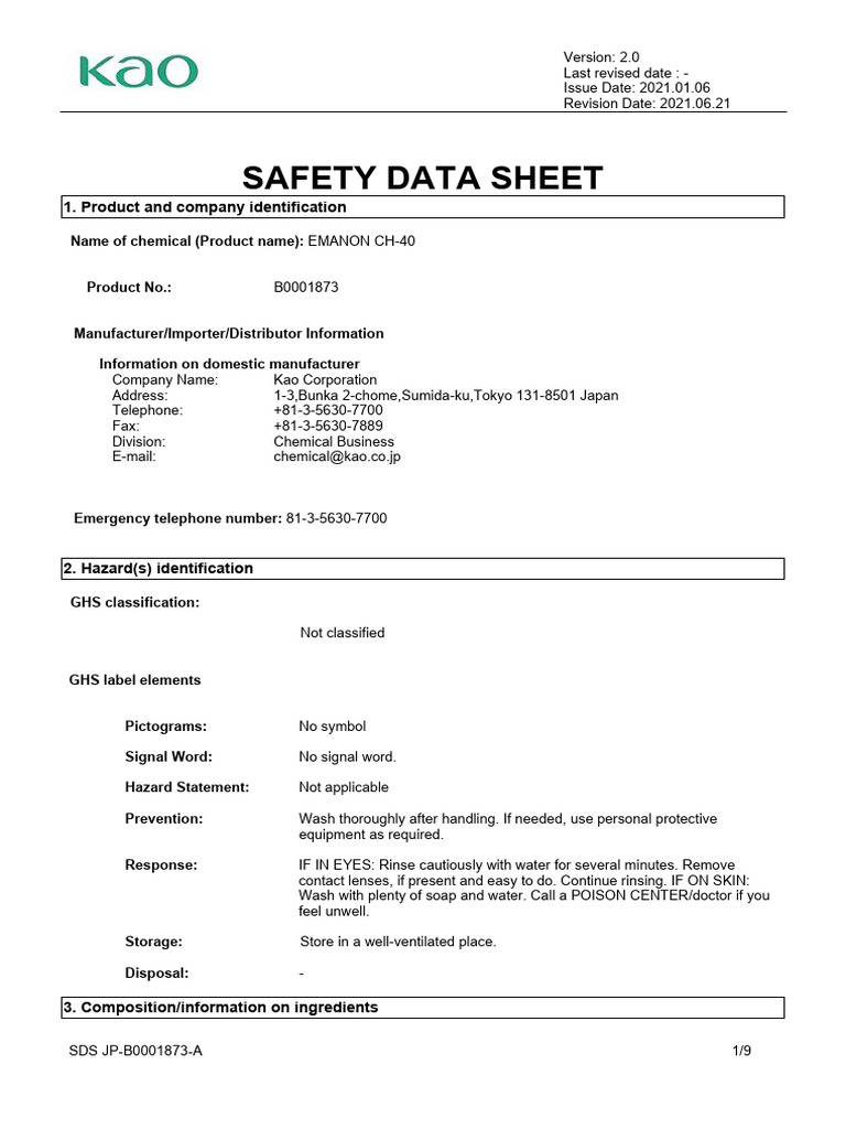 EMANON CH-40 Safety Data Sheet | PDF | Firefighting | Toxicity