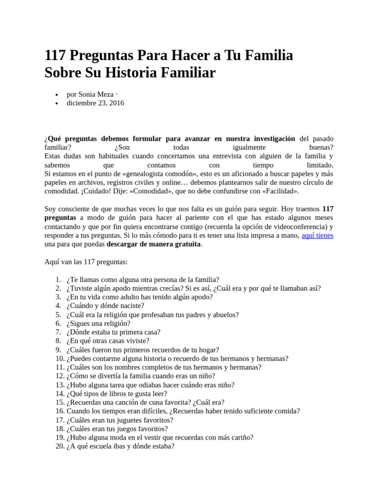 117 Preguntas para Hacer A Tu Familia Sobre Su Historia Familiar | PDF