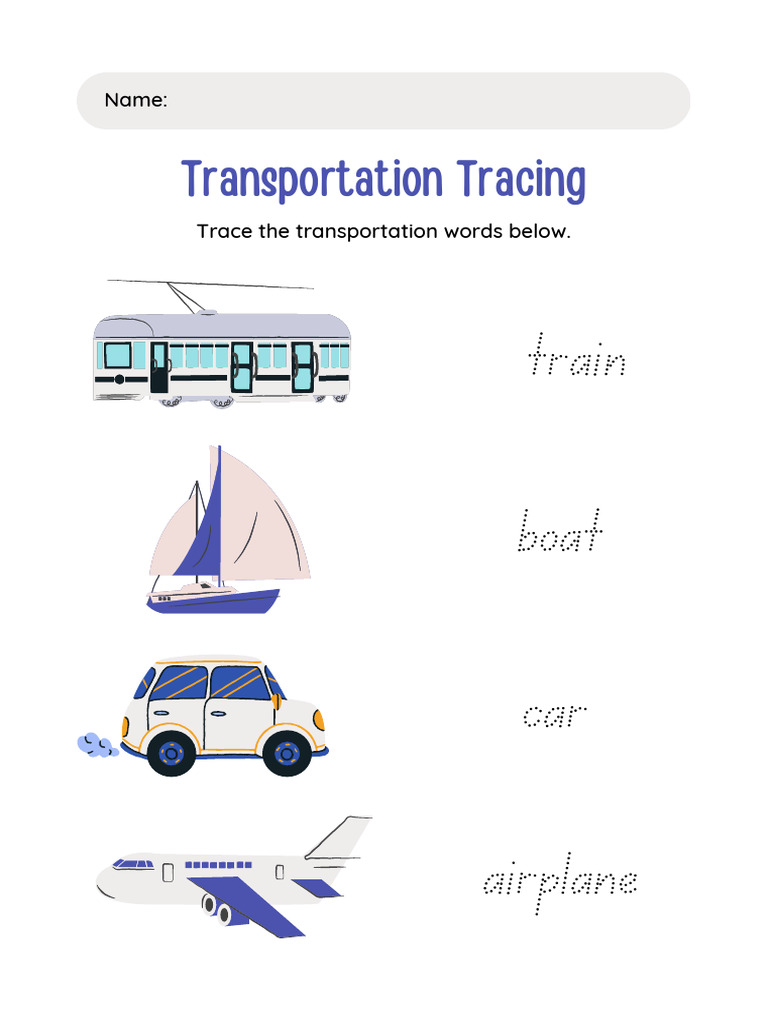 Colorful Illustrative Transportation Words Tracing Worksheet Printable ...