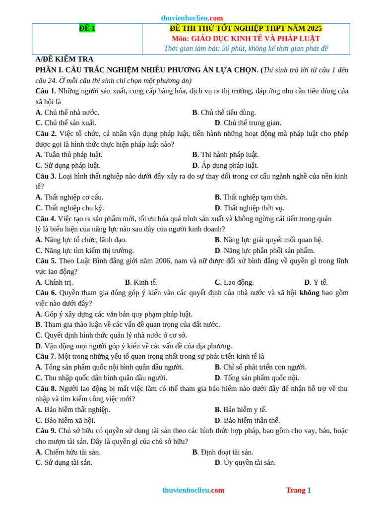 Thuvienhoclieu.com Bo 10 de Thi Thu TN THPT 2025 Mon GD KT PL | PDF