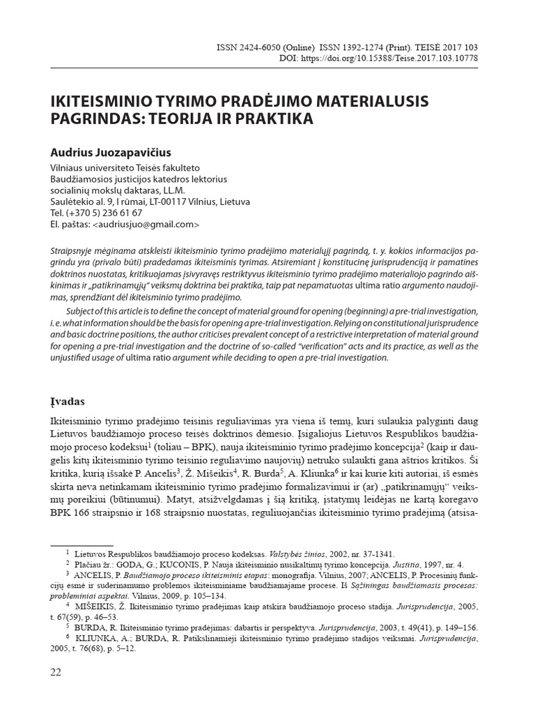 Ikiteisminio Tyrimo Pradėjimo Materialusis Pagrindas: Teorija Ir ...