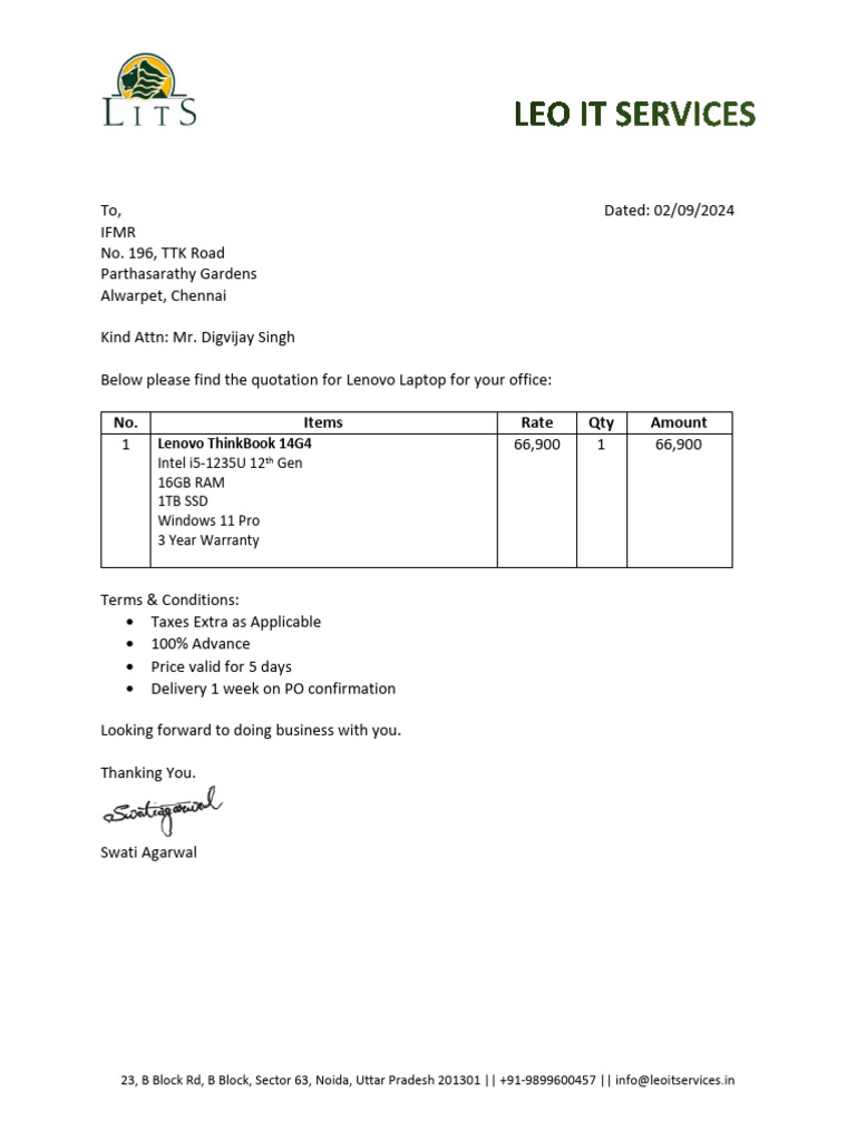 Lenovo Laptop Quotation for IFMR | PDF