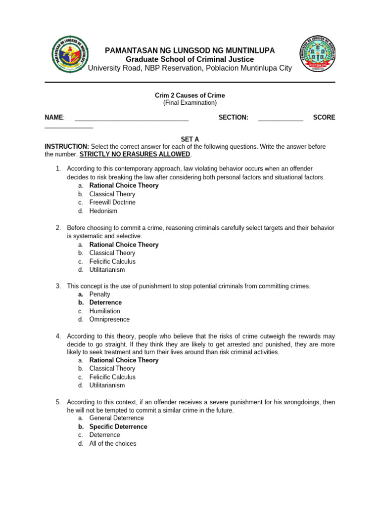 PLMun-Final-Exam-Crim-2-wkey | PDF | Juvenile Delinquency | Criminology