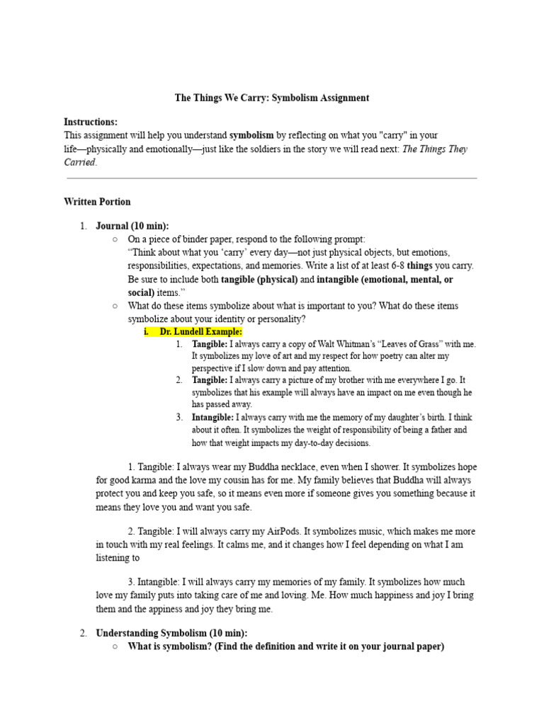 The Things We Carry - Symbolism Assignment | PDF | Behavioural Sciences ...