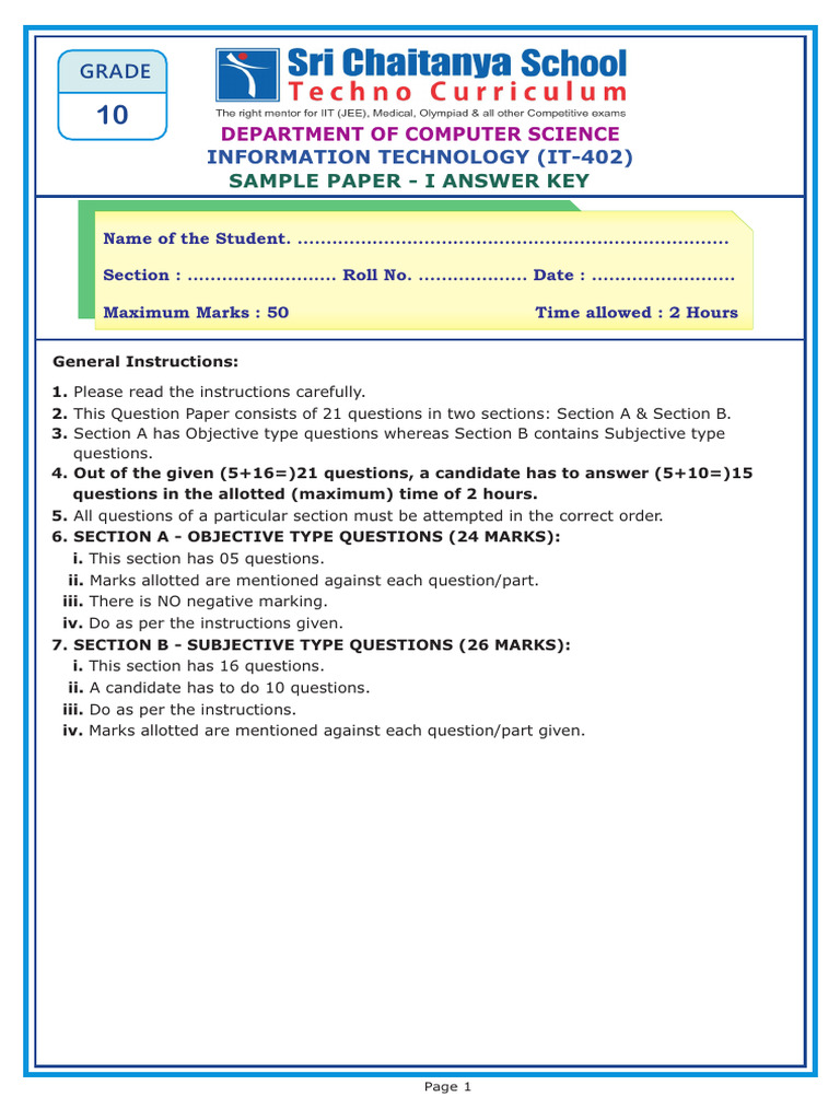 Practice Sample Paper 1 (KEY) | PDF | Databases | Computing