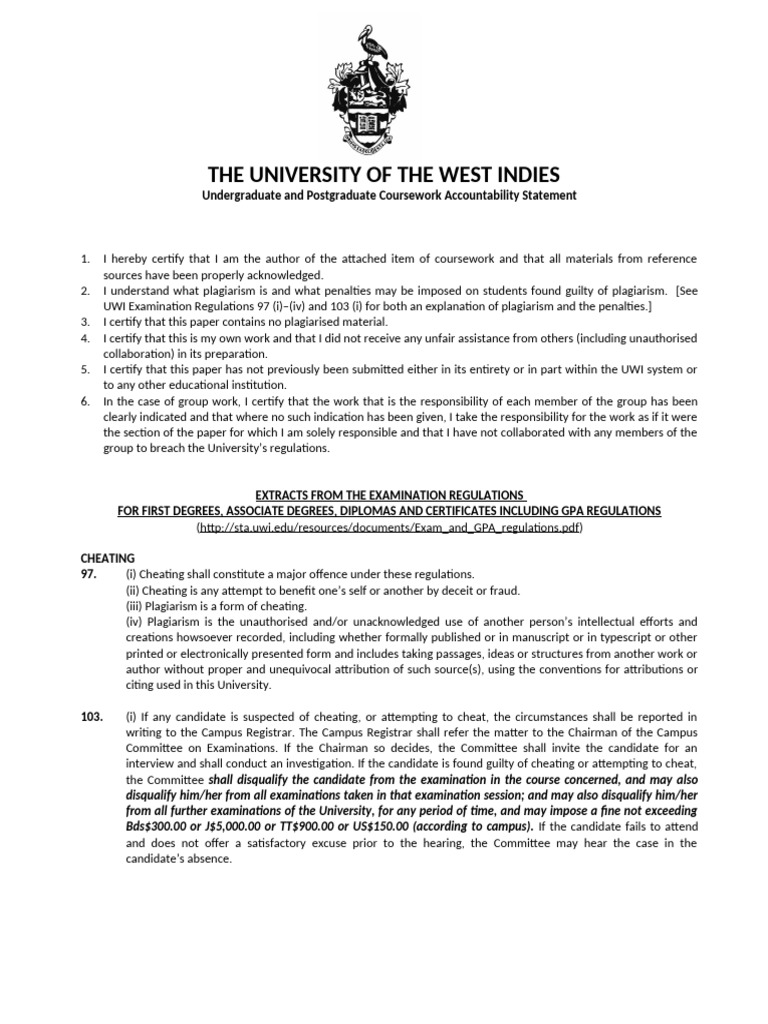 UWI Coursework Accountability Statement | PDF | Plagiarism | Common Law