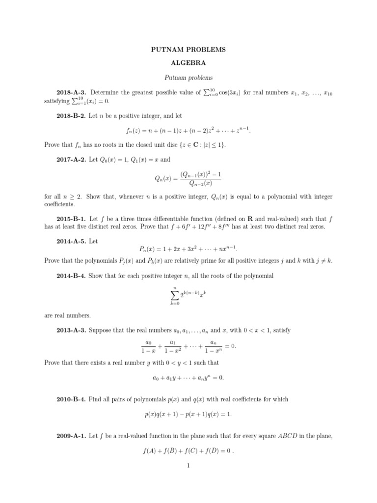 Putnam Problems in Algebra Solutions | PDF | Polynomial | Zero Of A ...