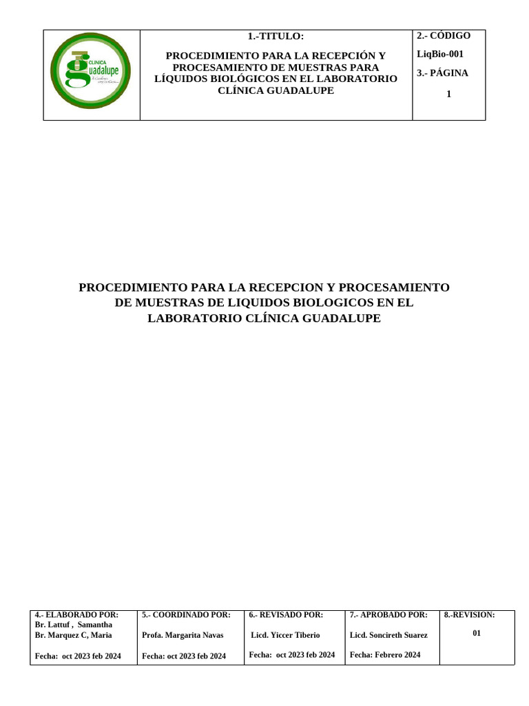 Corrección. Lab Guadalupe. Procedimientos Estandar Liquidos Biologicos 2024 | PDF | Laboratorios