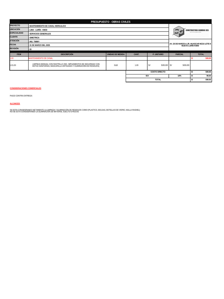 PPTO_MANTENIMIENTO DE CANAL_KM29.5_REV00 - 31-03-2025 | PDF