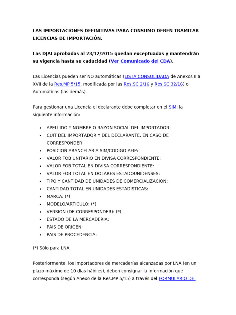Las Importaciones Definitivas para Consumo Deben Tramitar Licencias de ...