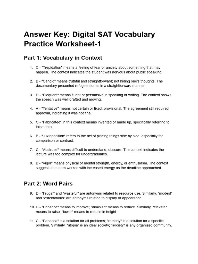 Answer Key - Digital SAT Vocabulary Practice Worksheet-1 | PDF | Psychology