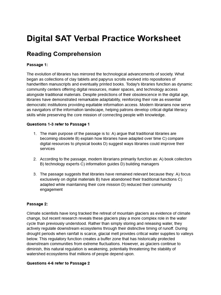 Digital SAT Verbal Practice Worksheet-1 March 2025 | PDF | Libraries ...