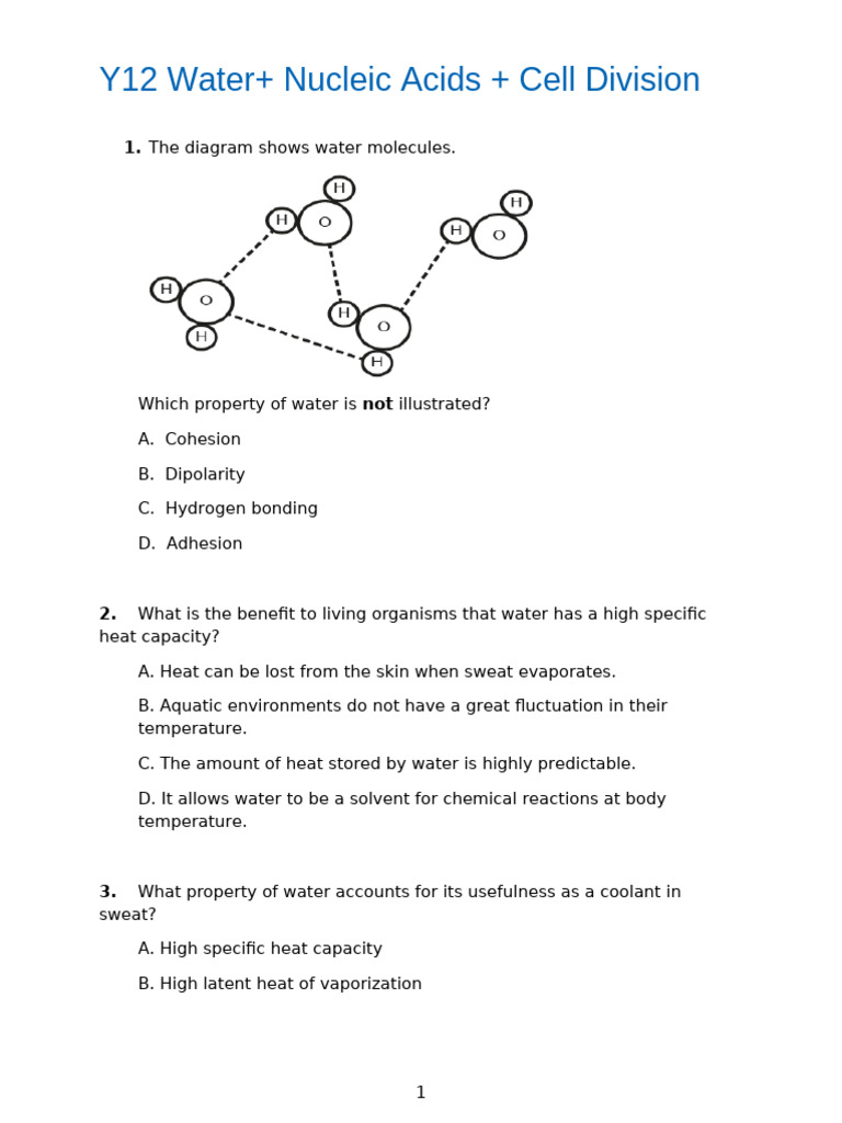 Test-HL-Y12 Water+ Nucleic Acids + Cell Division | PDF | Water | Acid