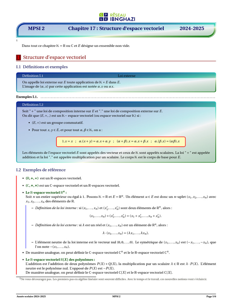 Structure d'espace vectoriel en MPSI 2 | PDF | Scalaire (mathématiques ...