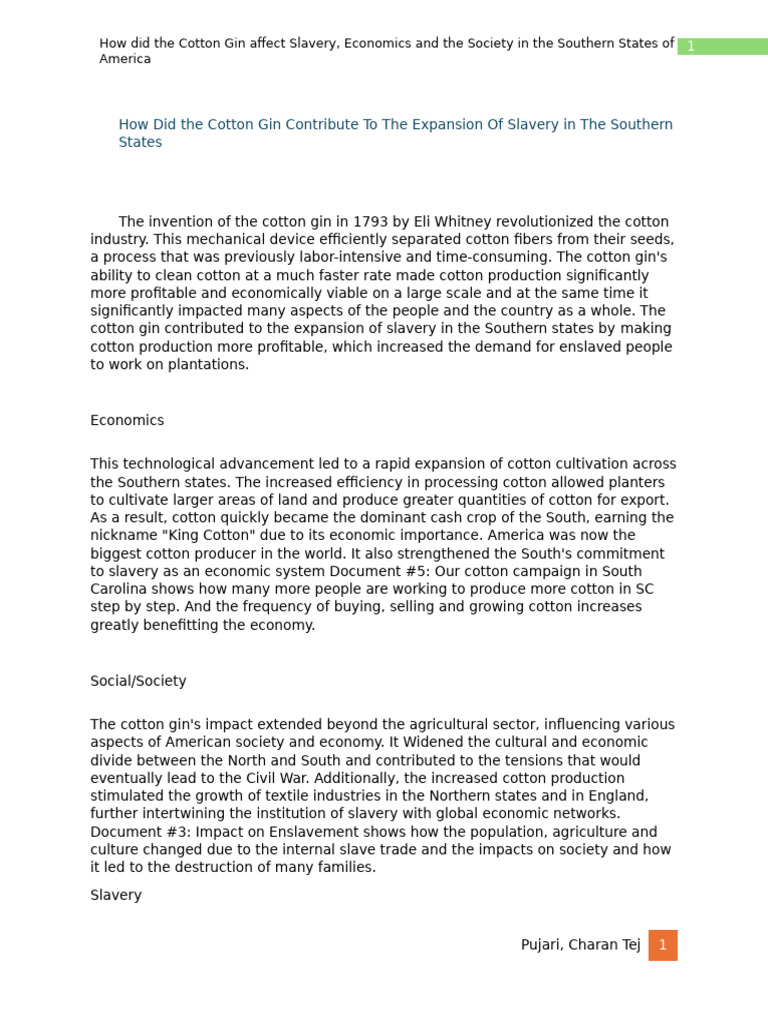Cotton Engine Essay | PDF | Cotton | Slavery In The United States