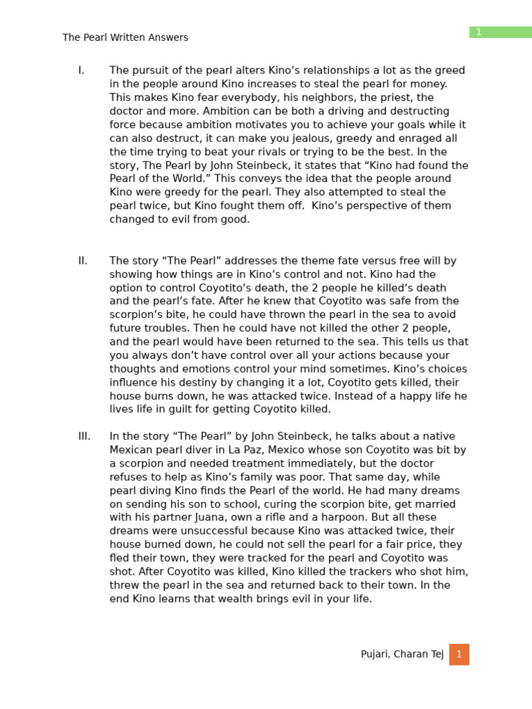 The Pearl - Written Answers by Charan Tej Pujari | PDF | Mollusc Products