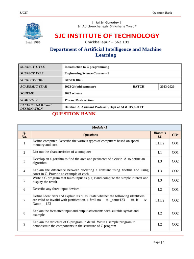 QUESTION BANK - Introduction To C Programming | PDF | Pointer (Computer Programming) | Computer ...