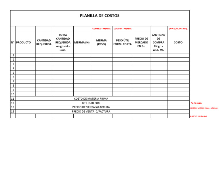 PLANILLA DE COSTOS | PDF