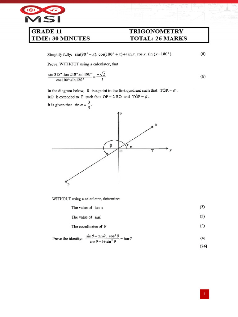 Grade 11 Trigonometry Exam Paper | PDF