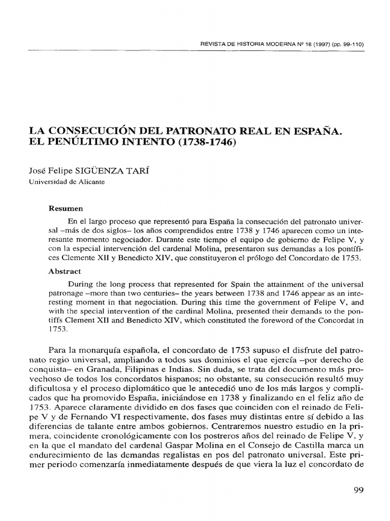 La Consecución Del Patronato Real en España. El Penúltimo Intento (1738 ...