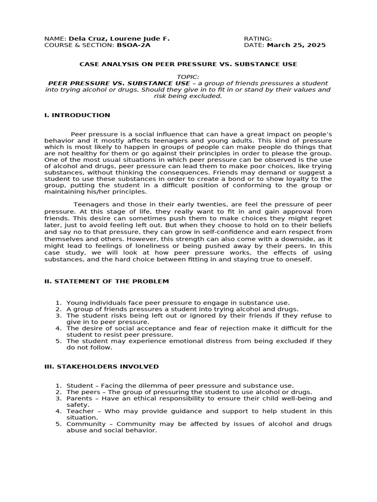 Case-Analysis - Dela Cruz, Lourene Jude F. - Bsoa-2a | PDF | Substance Abuse | Adolescence