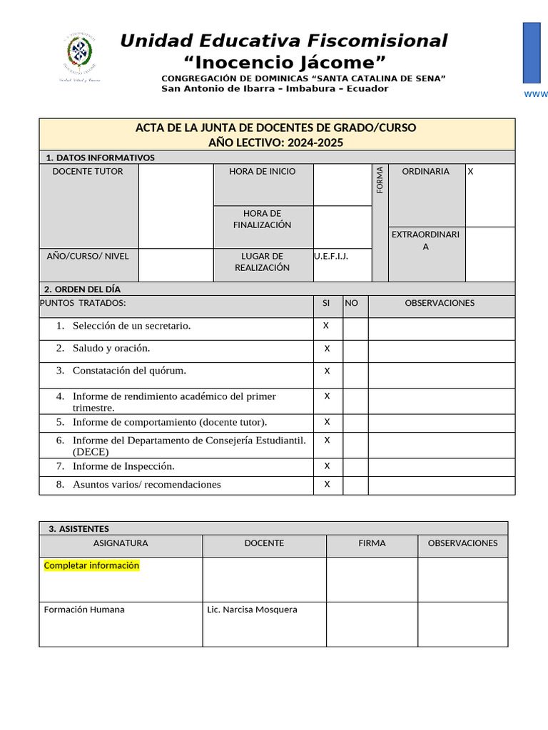 Formato - Acta de Junta de Curso | PDF