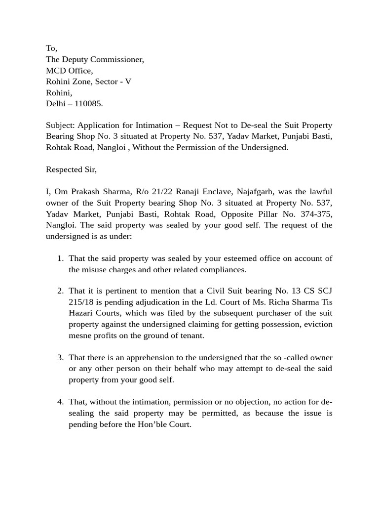 Intimation Letter To MCD | PDF