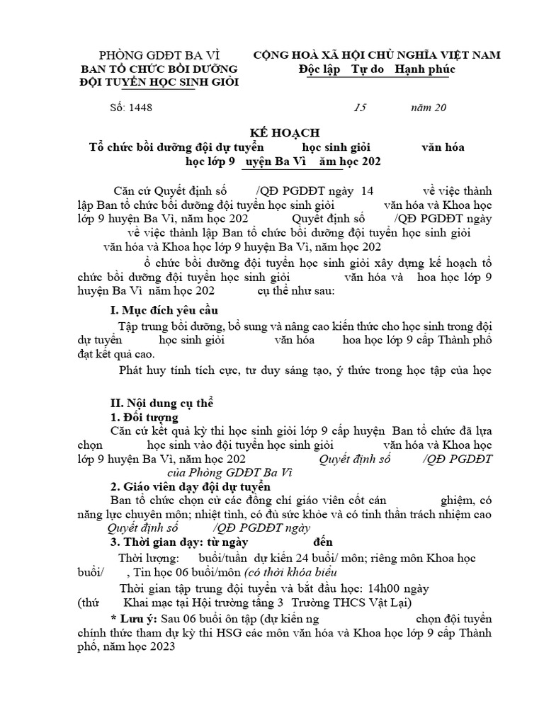 3.Ke hoach BD HSG lớp 9 năm học 2023-2024 | PDF