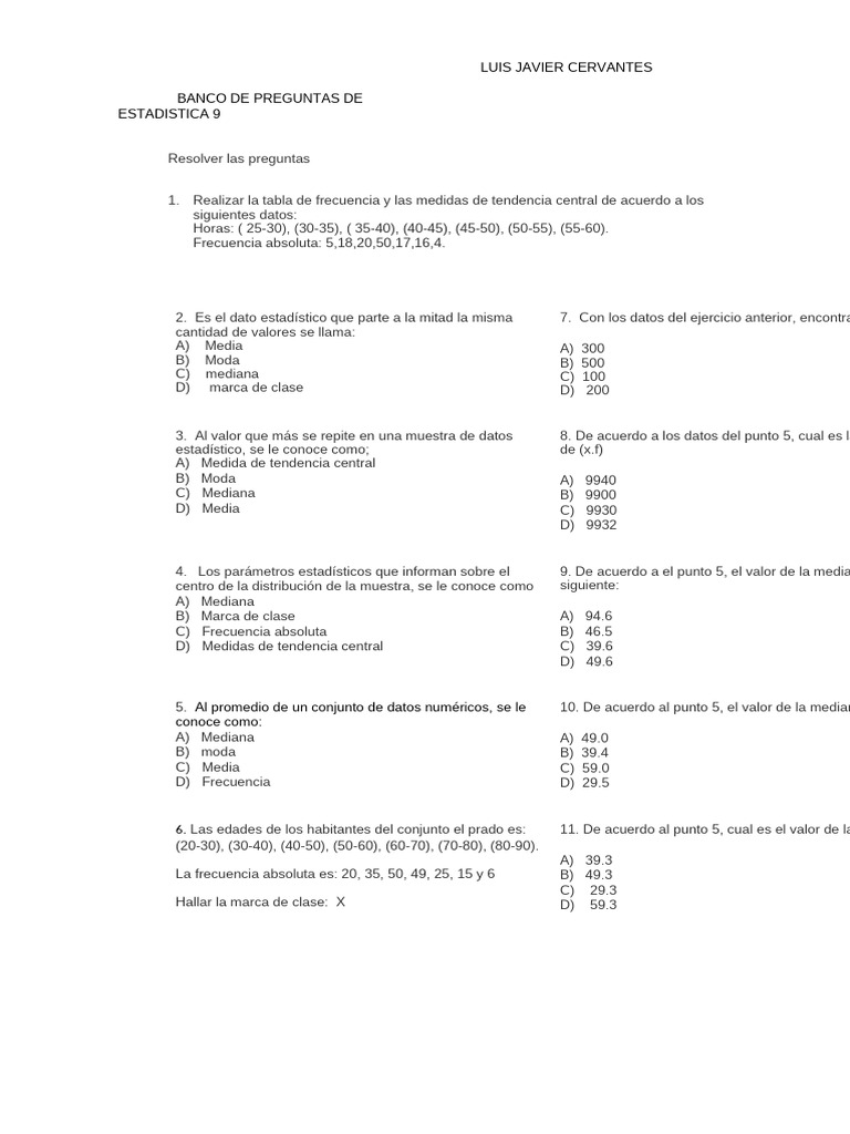 BANCO DE PREGUNTAS DE ESTADISTICA 9 1 | PDF | Mediana | Estadísticas descriptivas