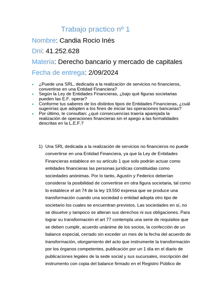 Trabajo Practico Nº 1 Derecho Bancario | PDF | Bancos | Cooperativa