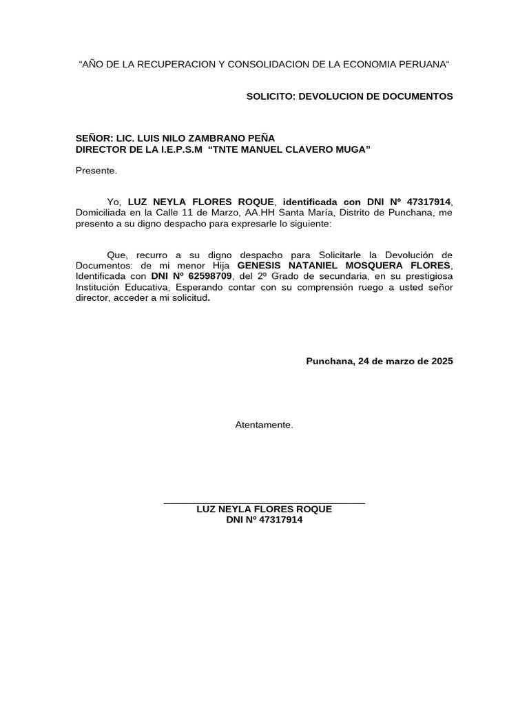 Solicito DEVOLUCION DE DOCUMENTO 24 03 25 | PDF