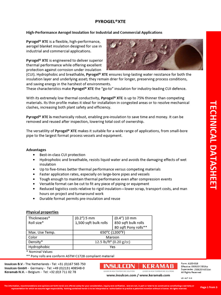 A100-016-Pyrogel-XTE-EN.00.00. | PDF | Thermal Insulation | Pipe (Fluid ...