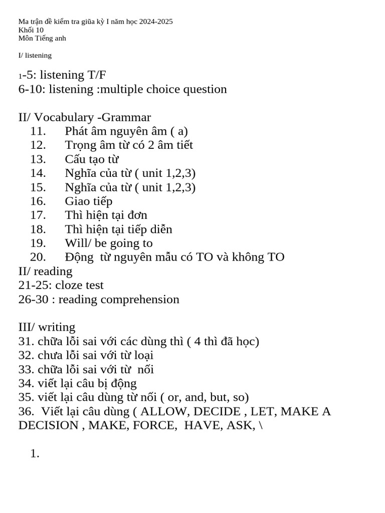 Ma Tran de Kiem Tra Giua Ky I | PDF