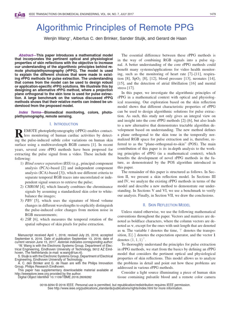 Algorithmic Principles of Remote PPG | PDF | Principal Component Analysis | Color