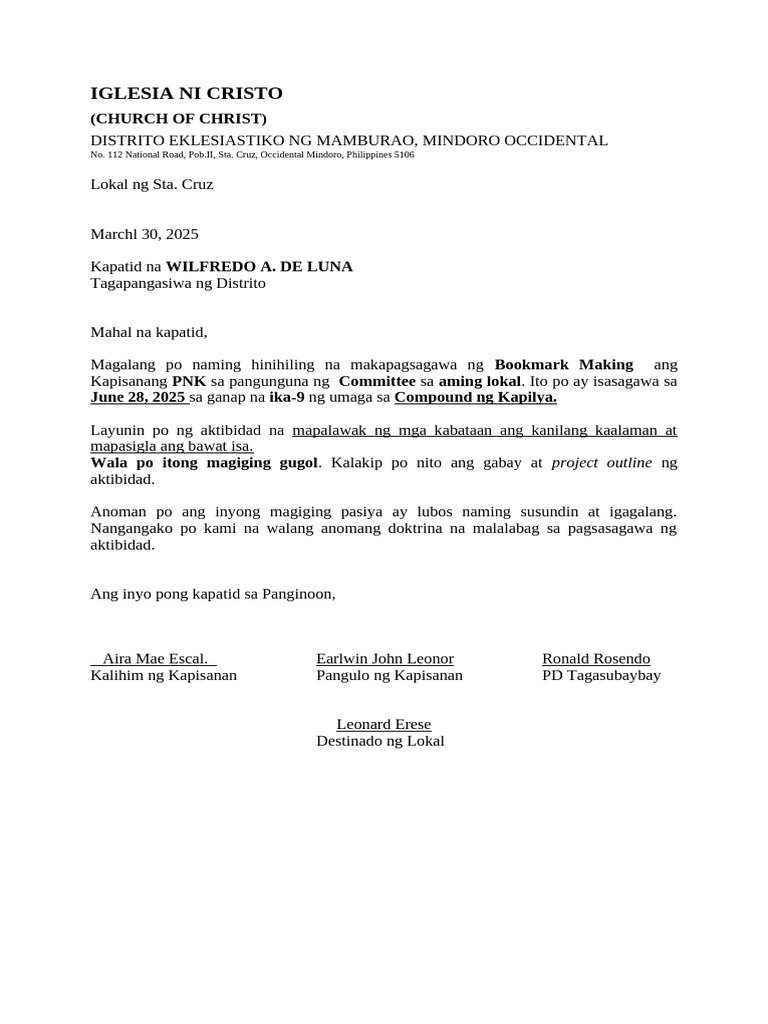 PNK Top Letter NG Lokal para Sa Kahilingan NG Aktibidad | PDF