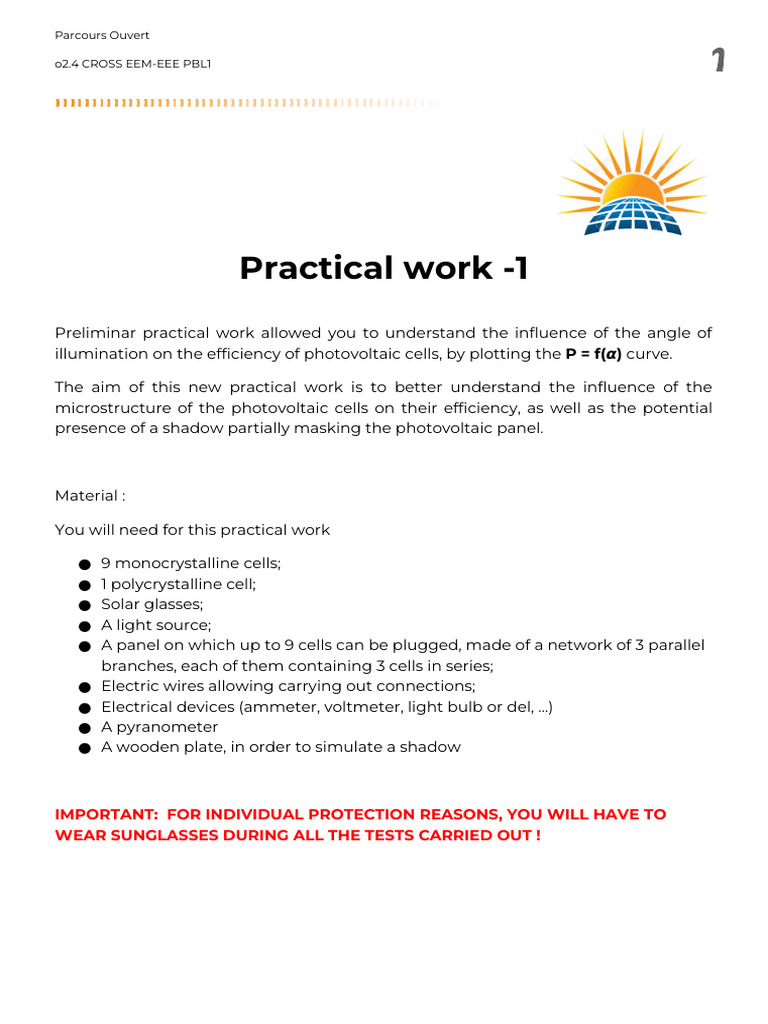 EN - o2.4 - CROSS - PBL5 EEM-EEE - Practical work - PW1 | PDF | Photovoltaics | Solar Cell