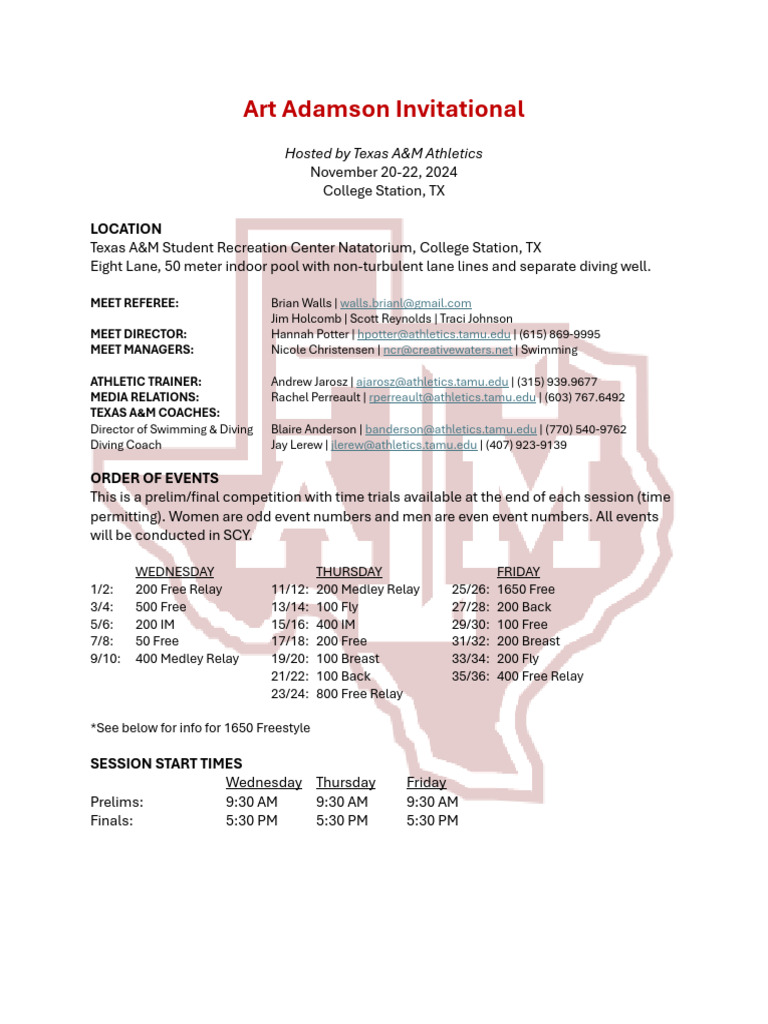 Art Adamson Invitational Info Packet | PDF | Swimming (Sport) | Leisure Activities