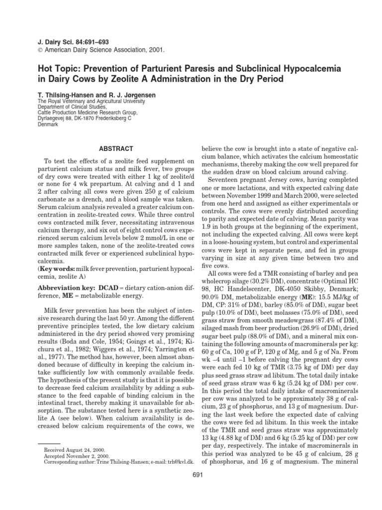 JDS Hot Topic Prevention of Parturient Paresis and Subclinical ...