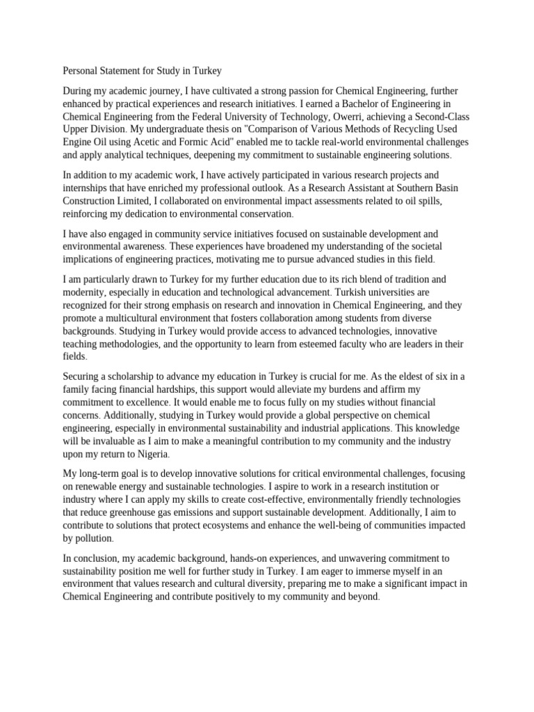 Personal Statement For Study in Turkey | PDF | Sustainability | Engineering