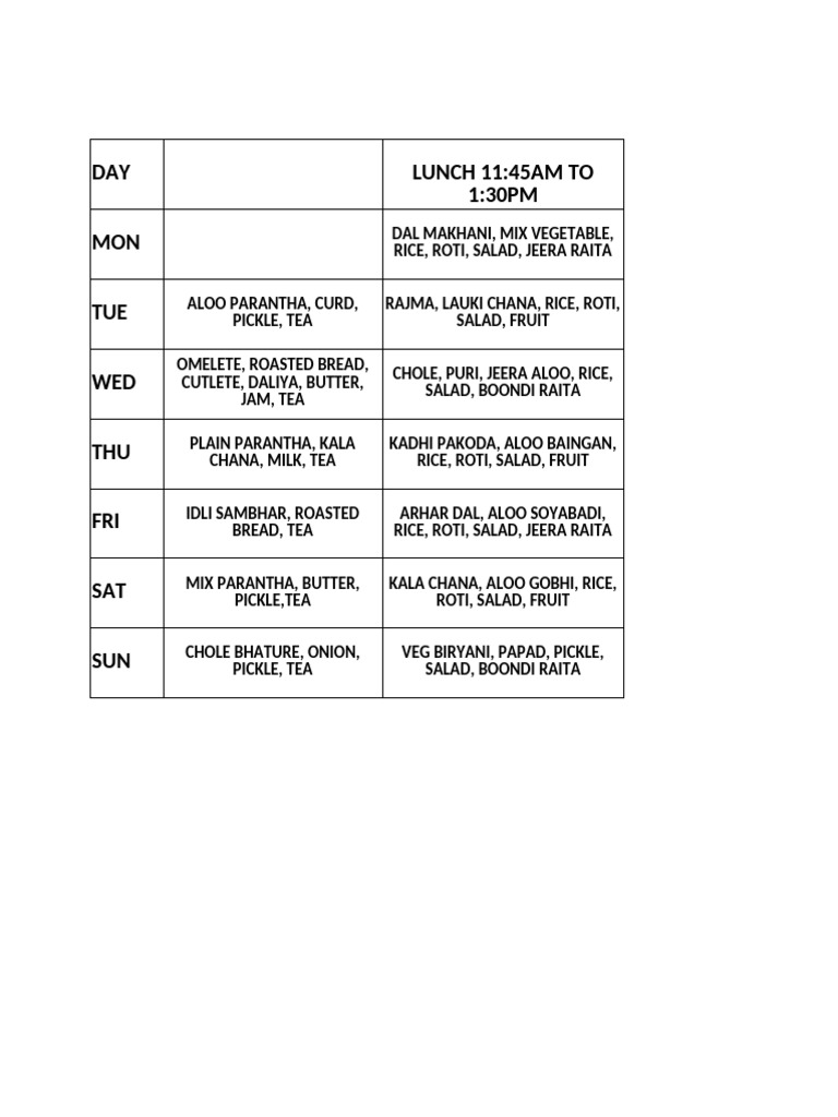 Mess Menu2 | PDF | Lunch | Salad