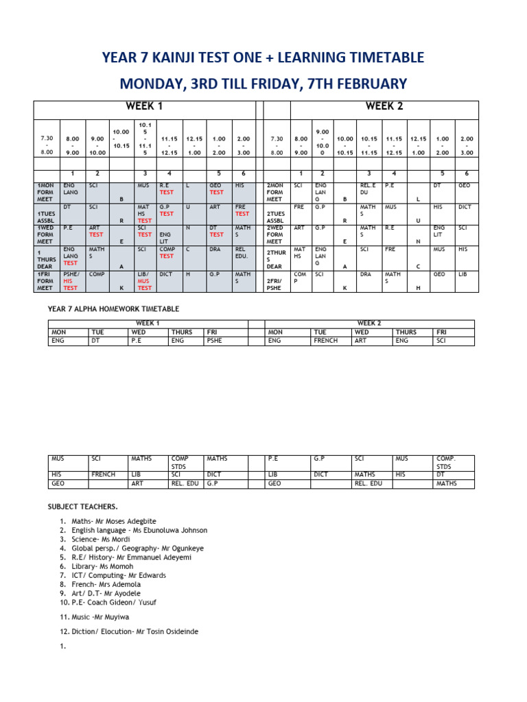 Year 7 Test One Timetable + Hw (1) | PDF