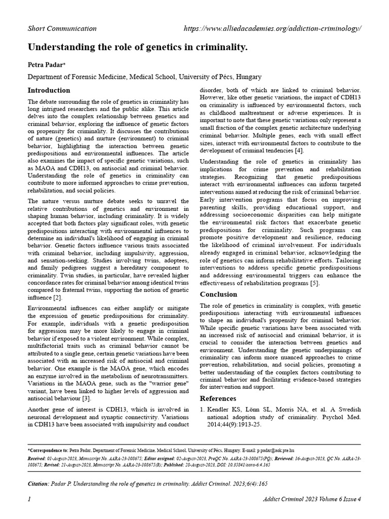 Genetics and Criminal Behavior Insights | PDF | Genetics | Crimes