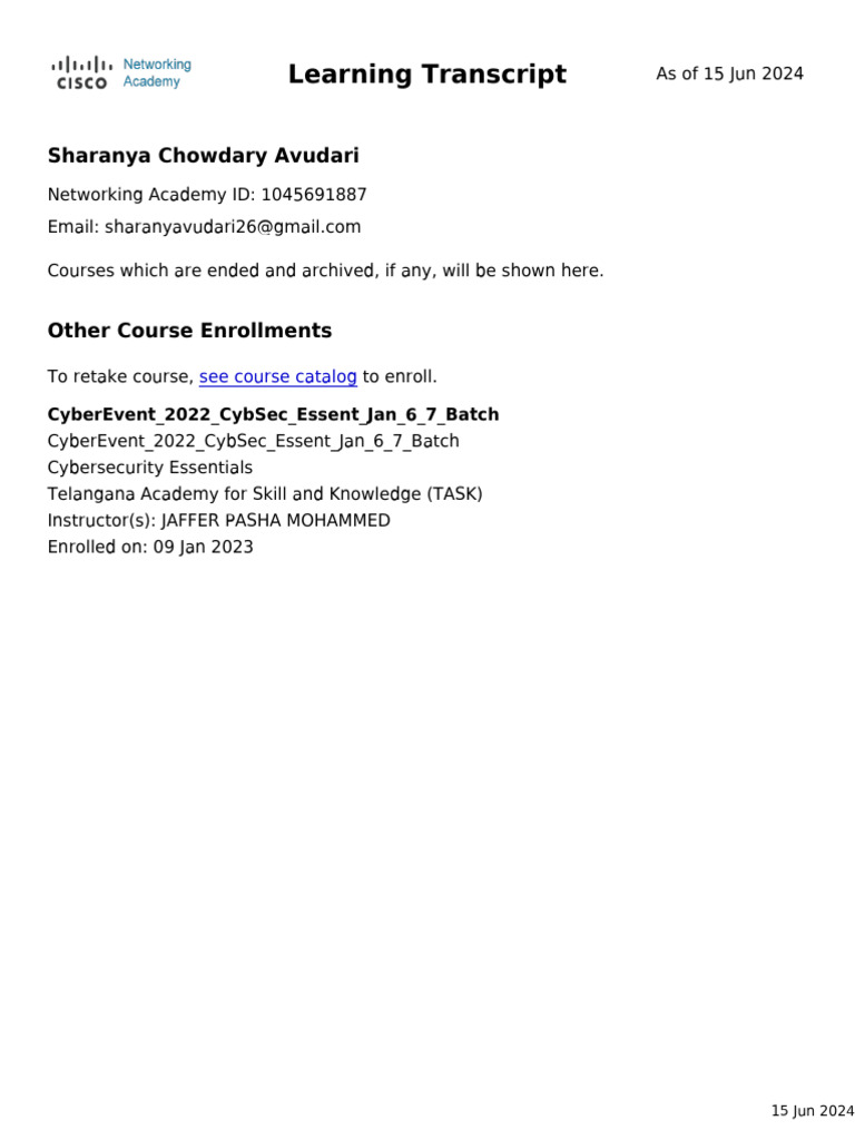 NetAcad Learning Transcript | PDF