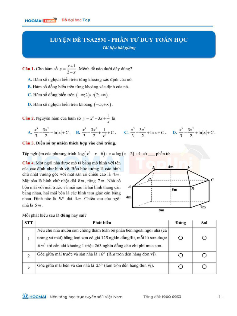 Buoi 13 Luyen de TSA25M Phan Tu Duy Toan Hoc de Thi | PDF