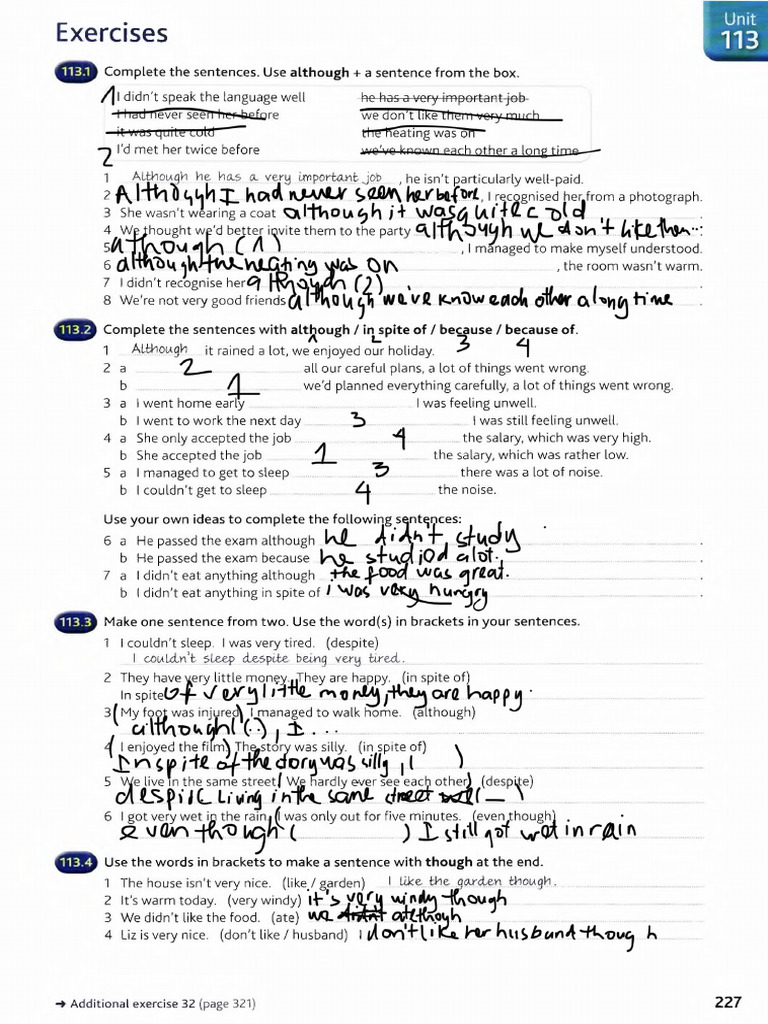 Although/Despite Exercises with Answers | PDF