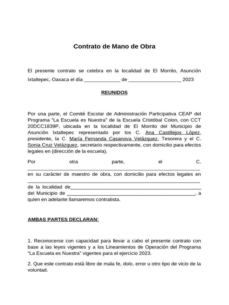 Modelo de Contrato de Mano de Obra | PDF