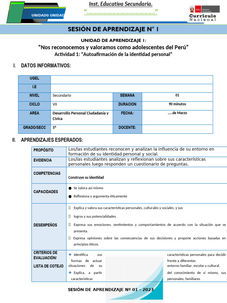 5º DPCC Ses 1 Uni 1 Sem 01 - 2023 | PDF | Aprendizaje | Maestros