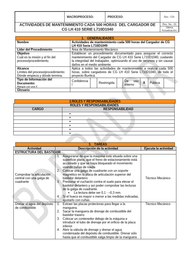 Procedimiento - Cada 500 Horas - Cargador de CG LH 410 Serie l710d1040 ...