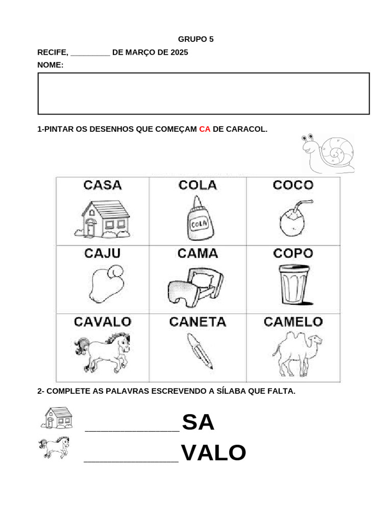 Atividades de Pintura e Completar Sílaba | PDF