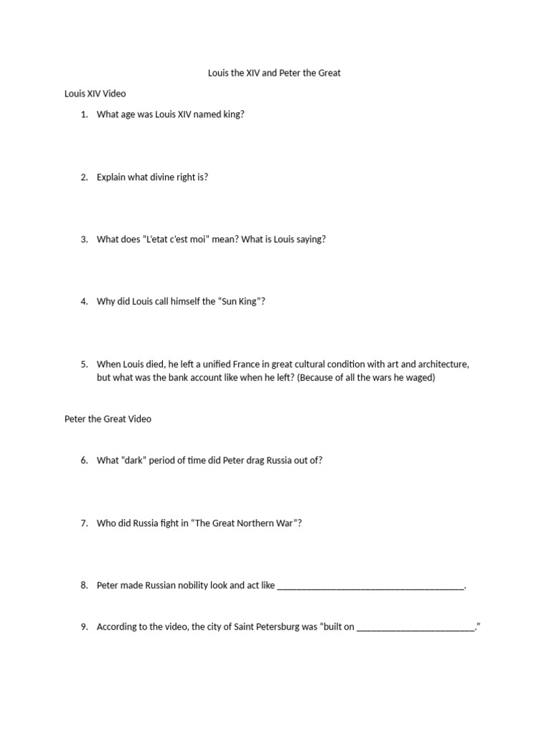 Louis The XIV and Peter The Great Handout | PDF